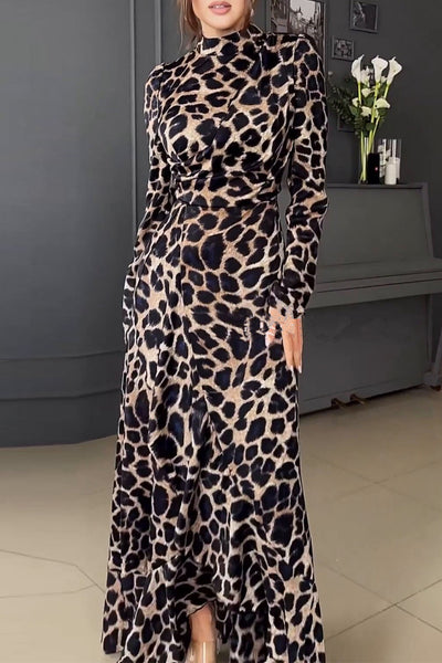 Vintage Print Leopard Stringy Selvedge Half A Turtleneck Printed Dress