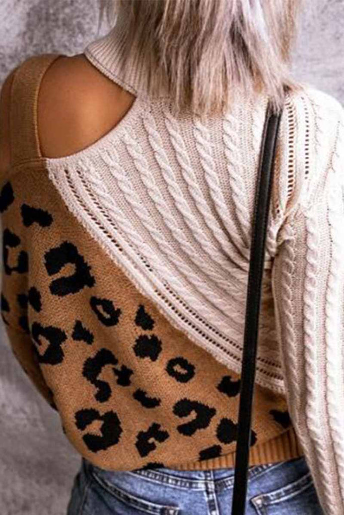 Florcoo Turtleneck Leopard Print Patchwork Cold Sweater